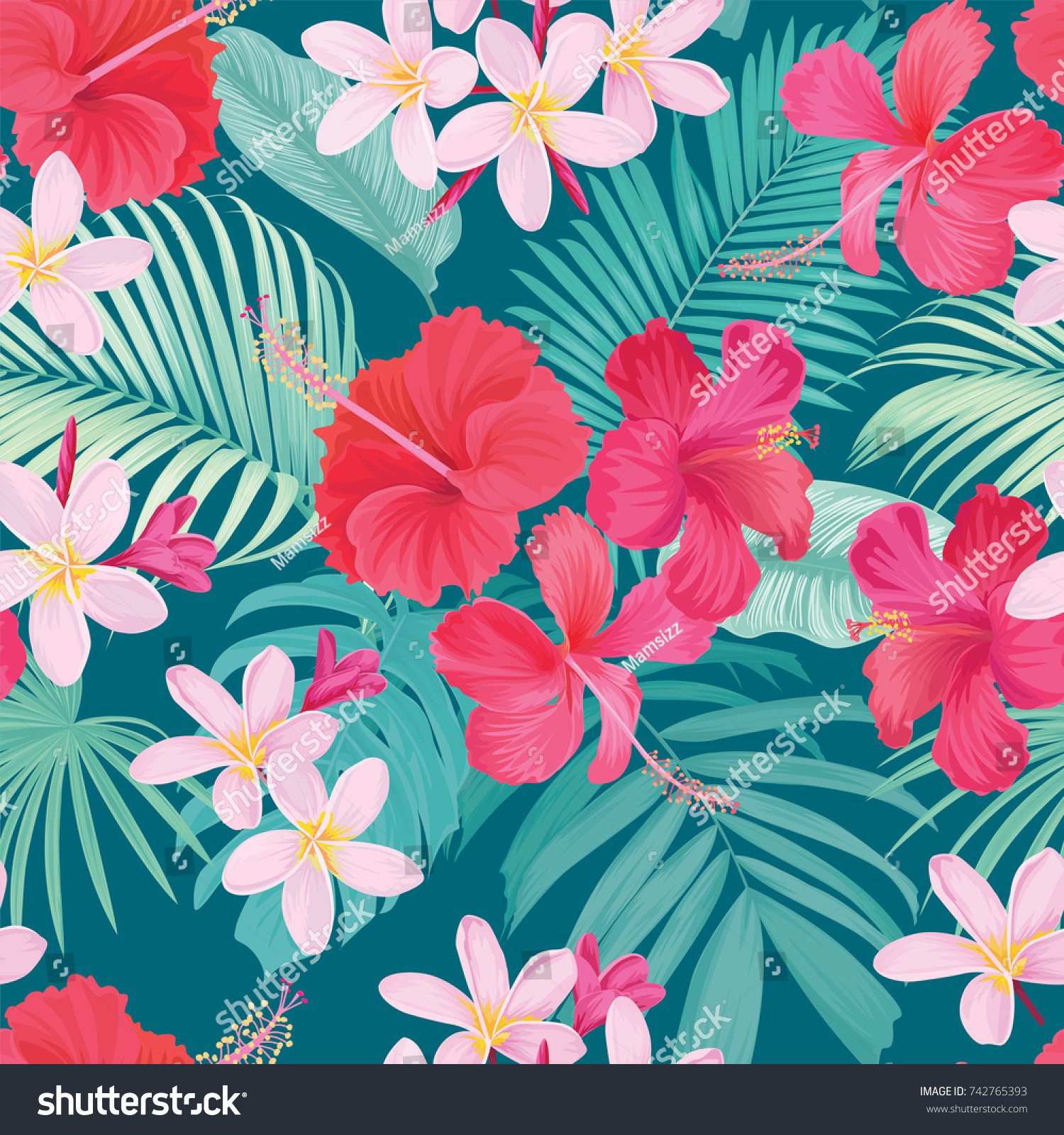 Tropical Seamless Pattern Hibiscus Plumeria Flower Stock Vector