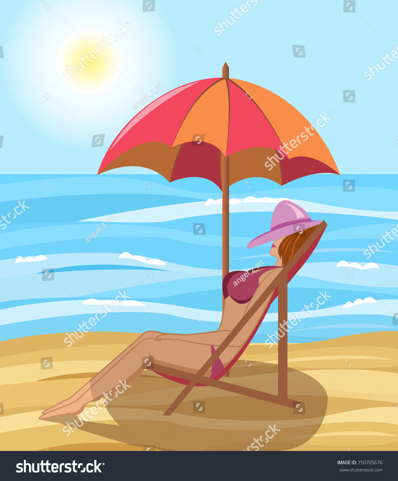 Holiday By Sea Illustration Woman Sunbathes Stock Vector Royalty Free