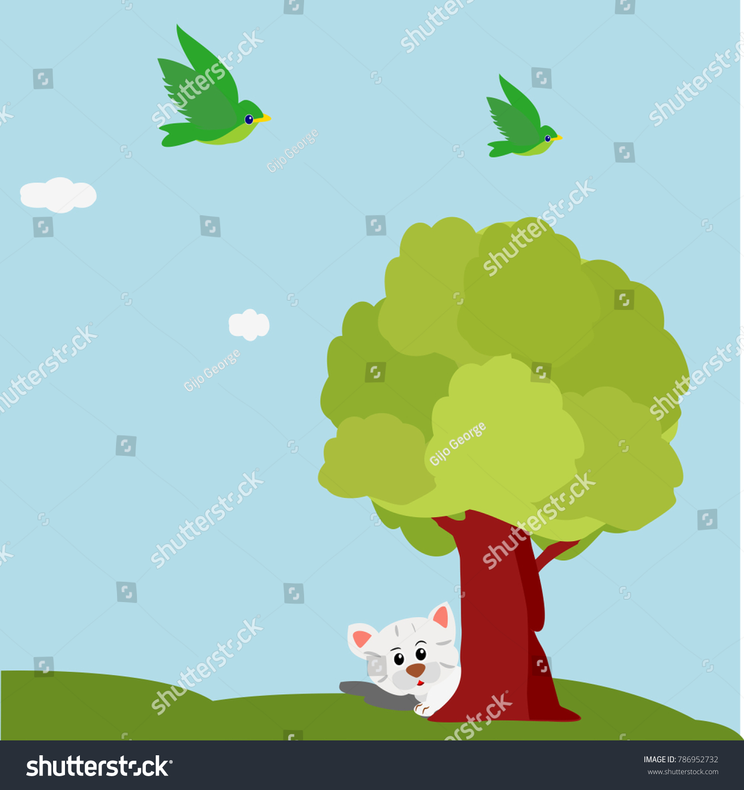 Cat Hiding Behind Tree Vector Illustration เวกเตอร์สต็อก ปลอดค่าลิขสิทธิ์ 786952732