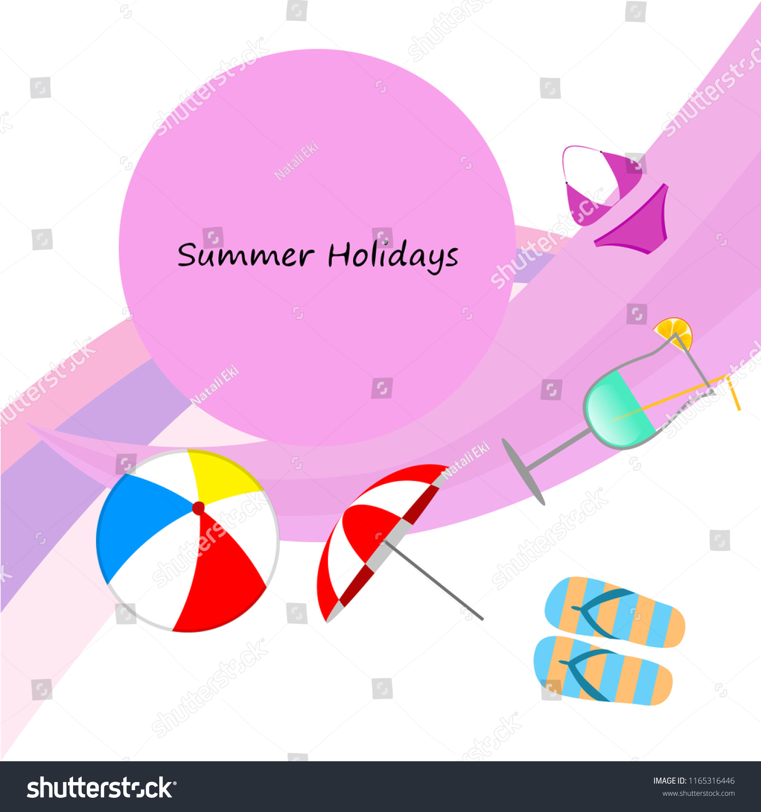 beach umbrella ball swimsuit flip flops cocktail - Royalty Free Stock ...