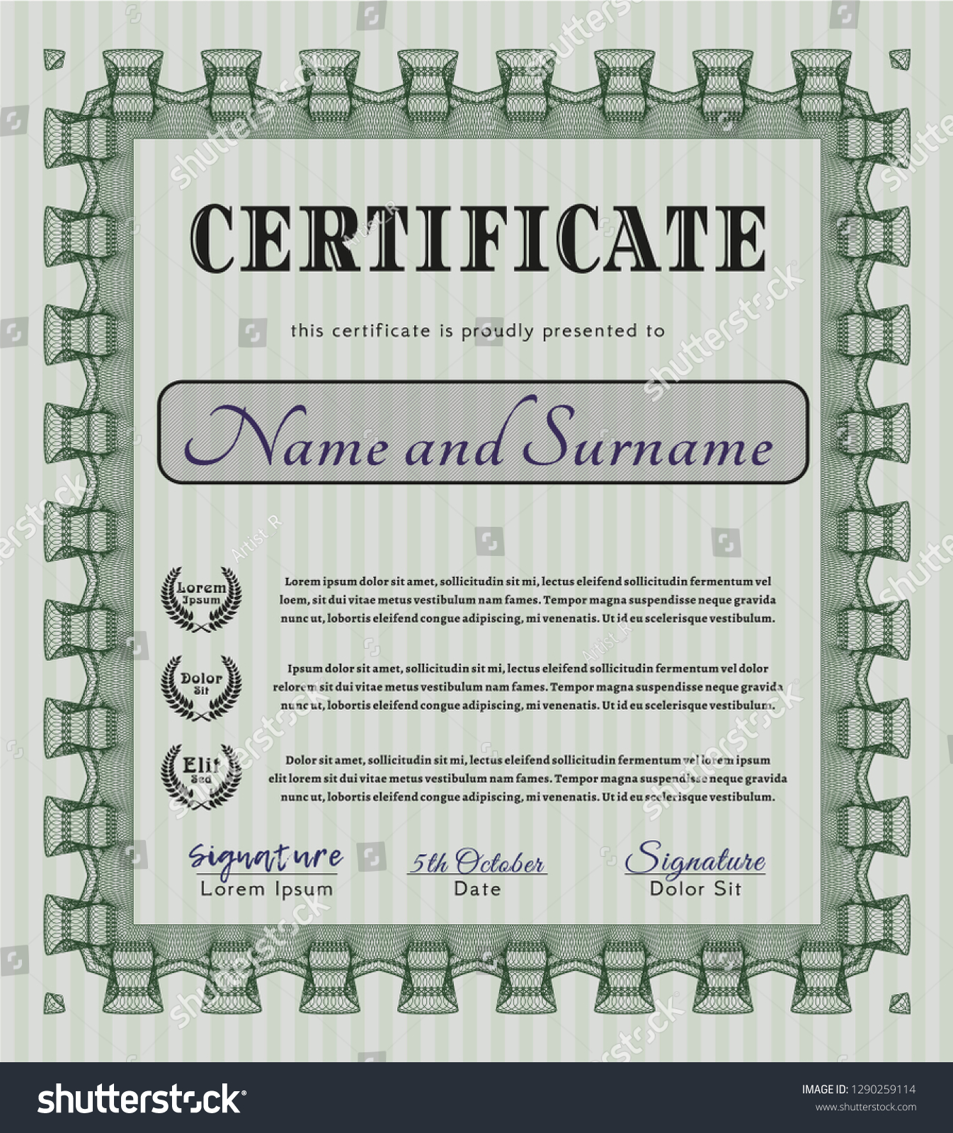 Green Sample certificate or diploma. With - Royalty Free Stock Vector 1290259114 - Avopix.com