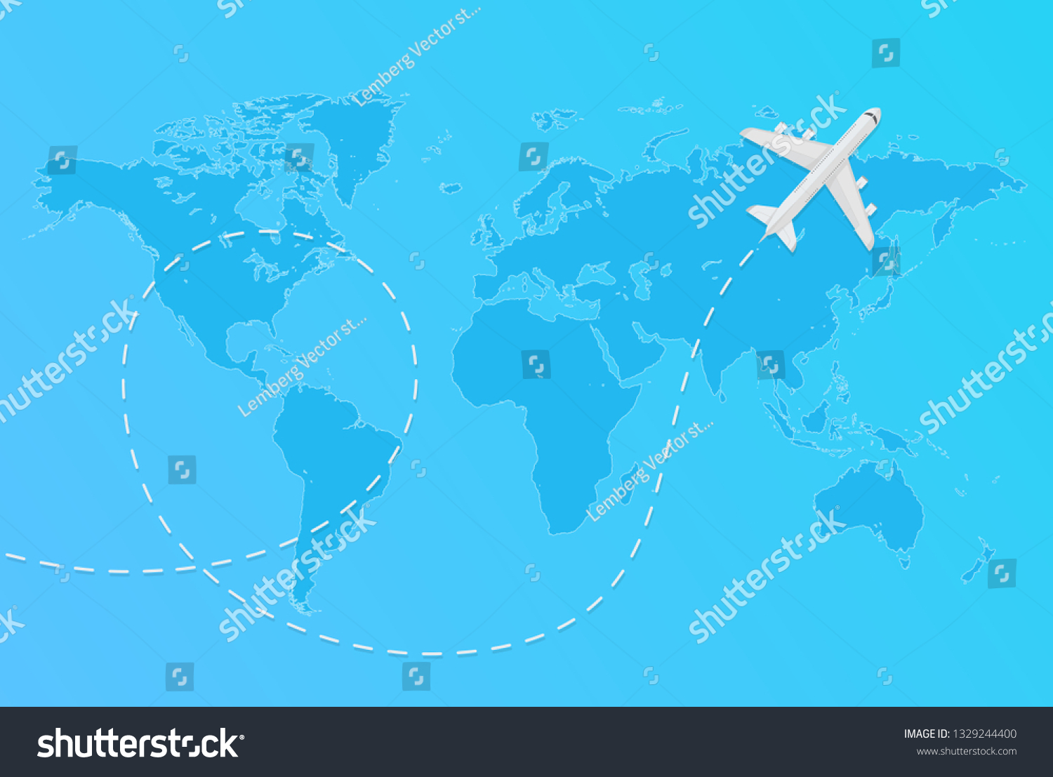 World Map With Flying Airplane And Dashed Line Royalty Free Stock