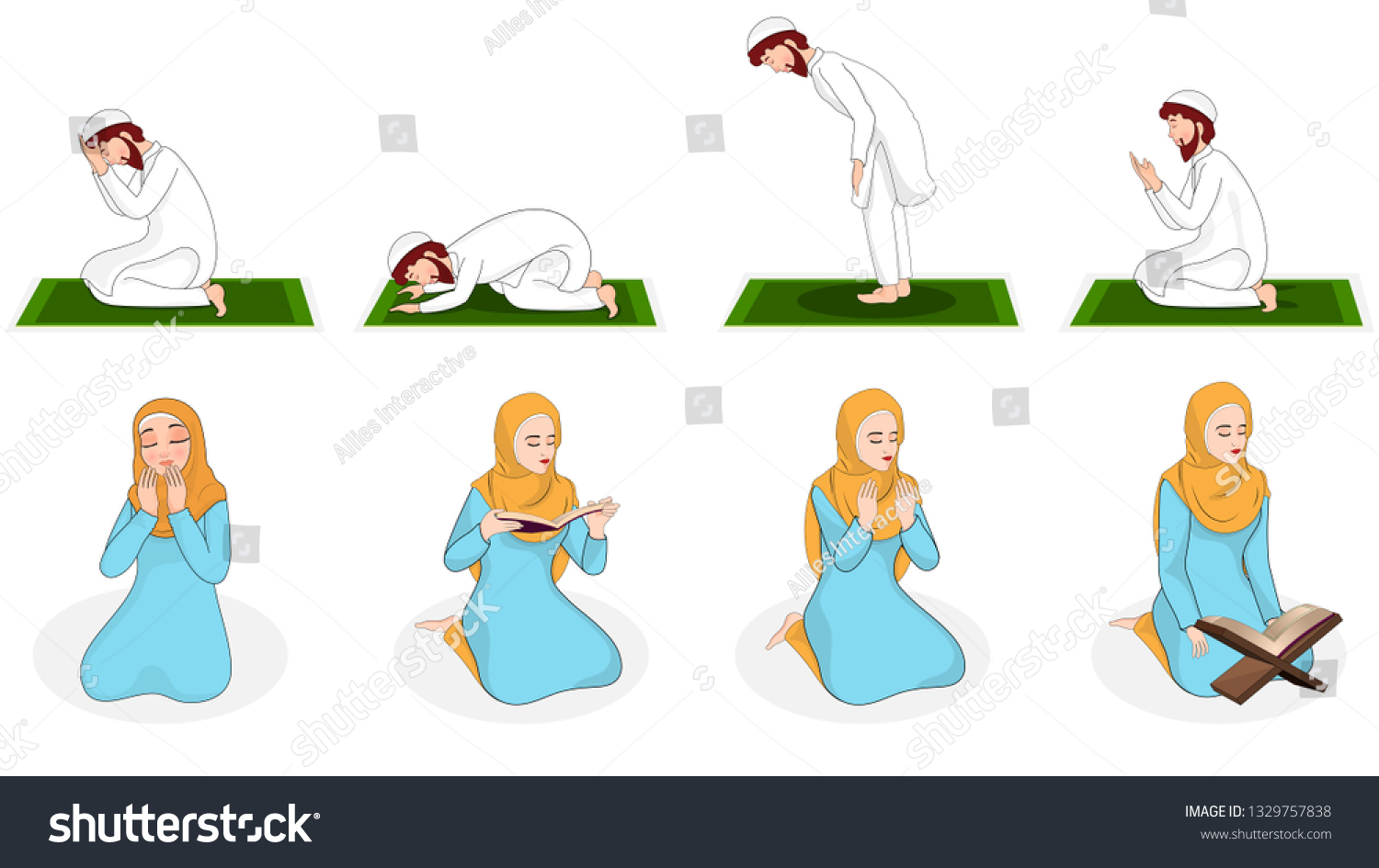Namaz positions for Islamic Men and Women. - Royalty Free Stock Vector ...