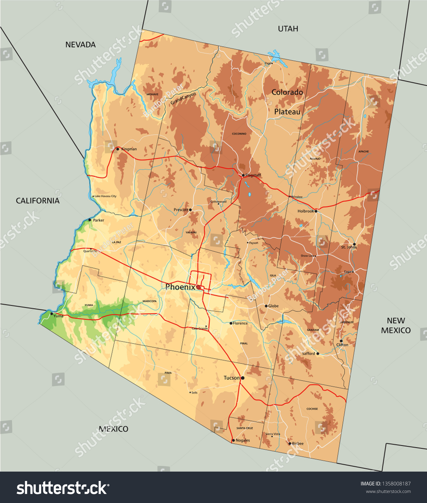 High detailed Arizona physical map with labeling - Royalty Free Stock ...