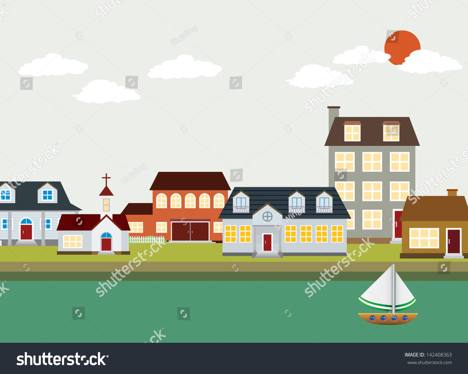 cartoon town - Vector Landscape - Royalty Free Stock Vector 142408363 ...