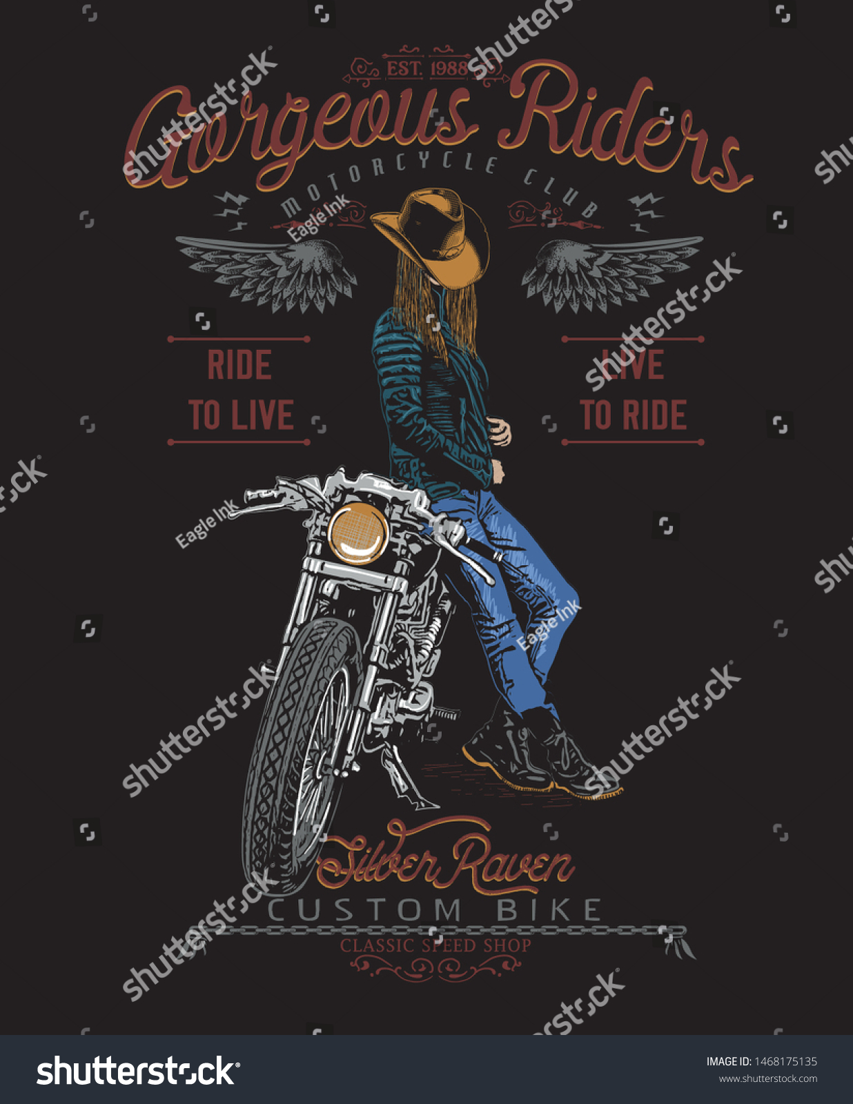 vintage hand drawing girl pose on a motorcycle - Royalty Free Stock ...