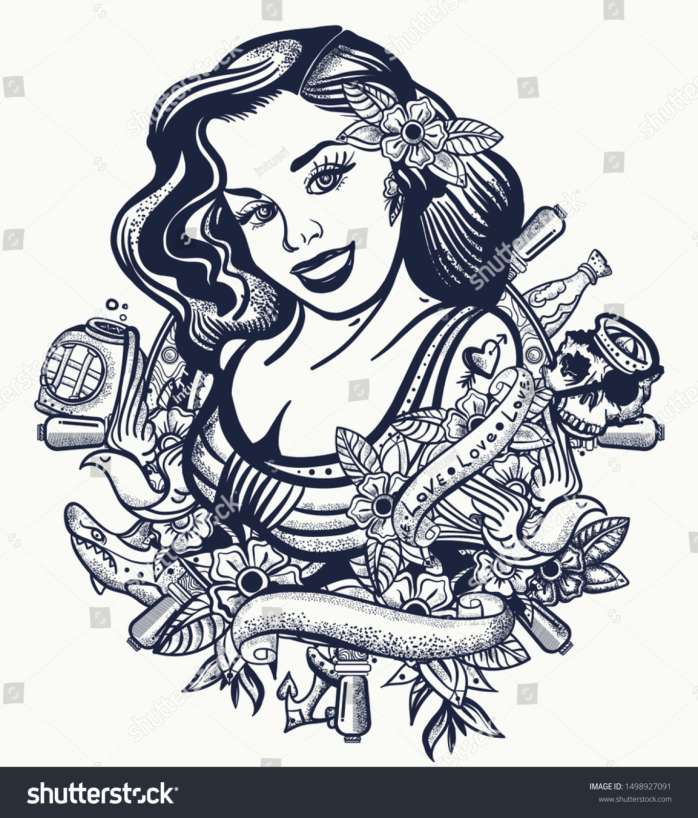 Sailor Girl Pin Up Style Tattoo And T Shirt Royalty Free Stock