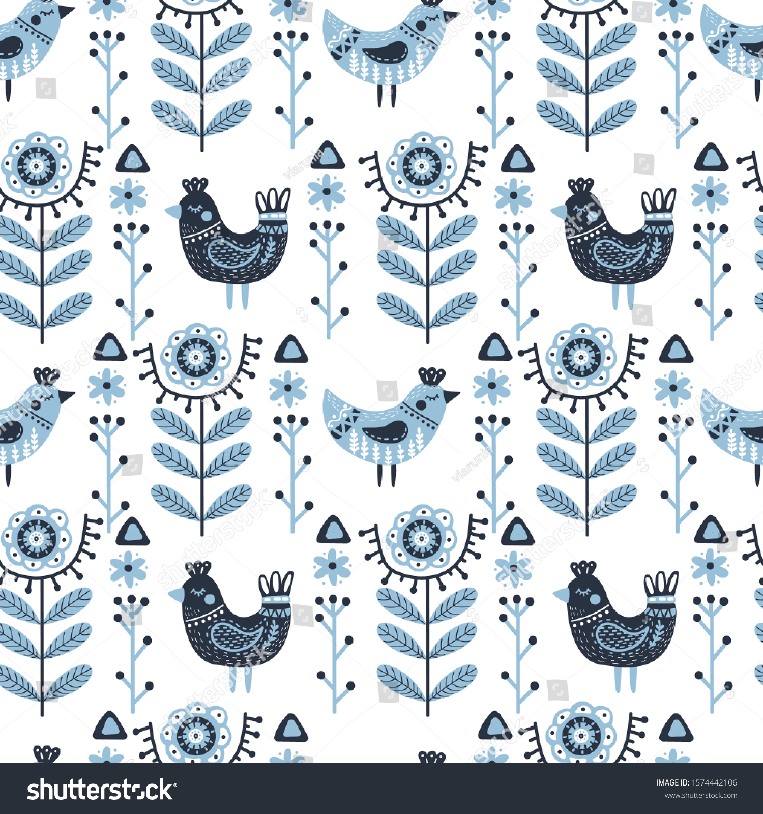 Folk art birds in Nordic style seamless pattern. - Royalty Free Stock ...