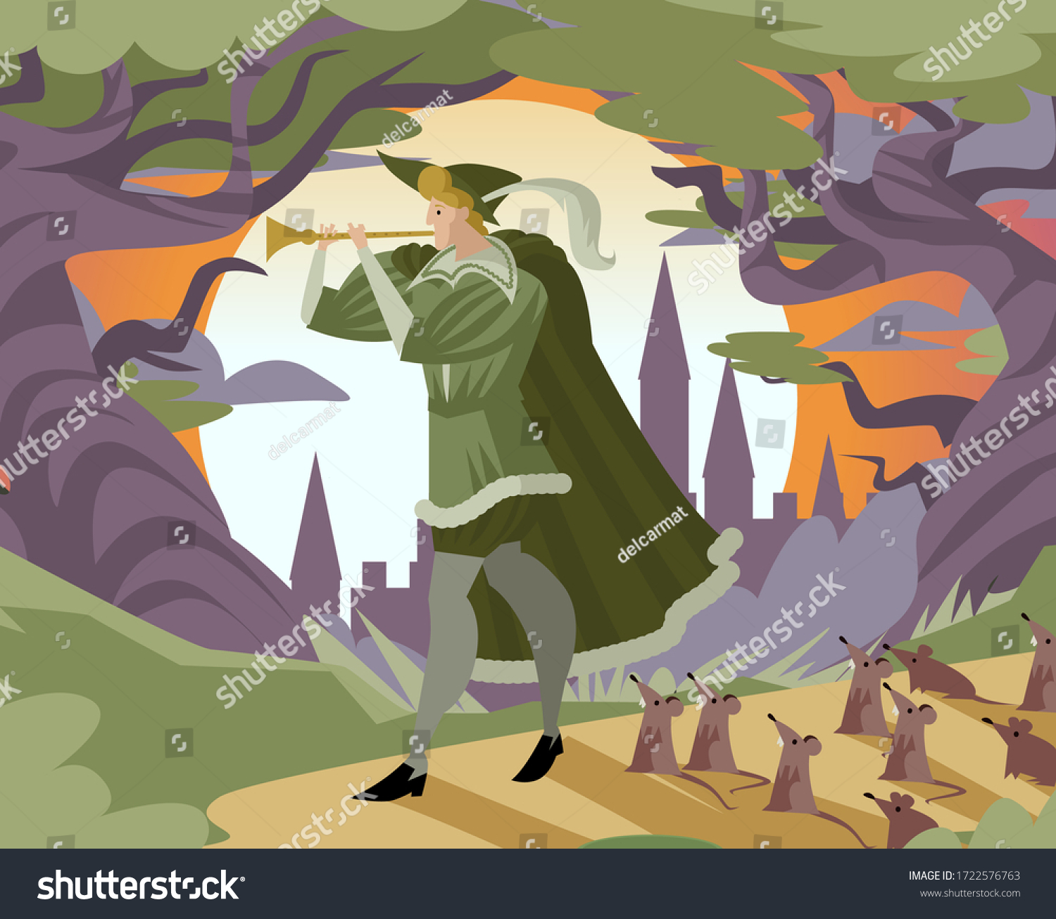 The pied piper of Hamelin playing flute with - Royalty Free Stock ...