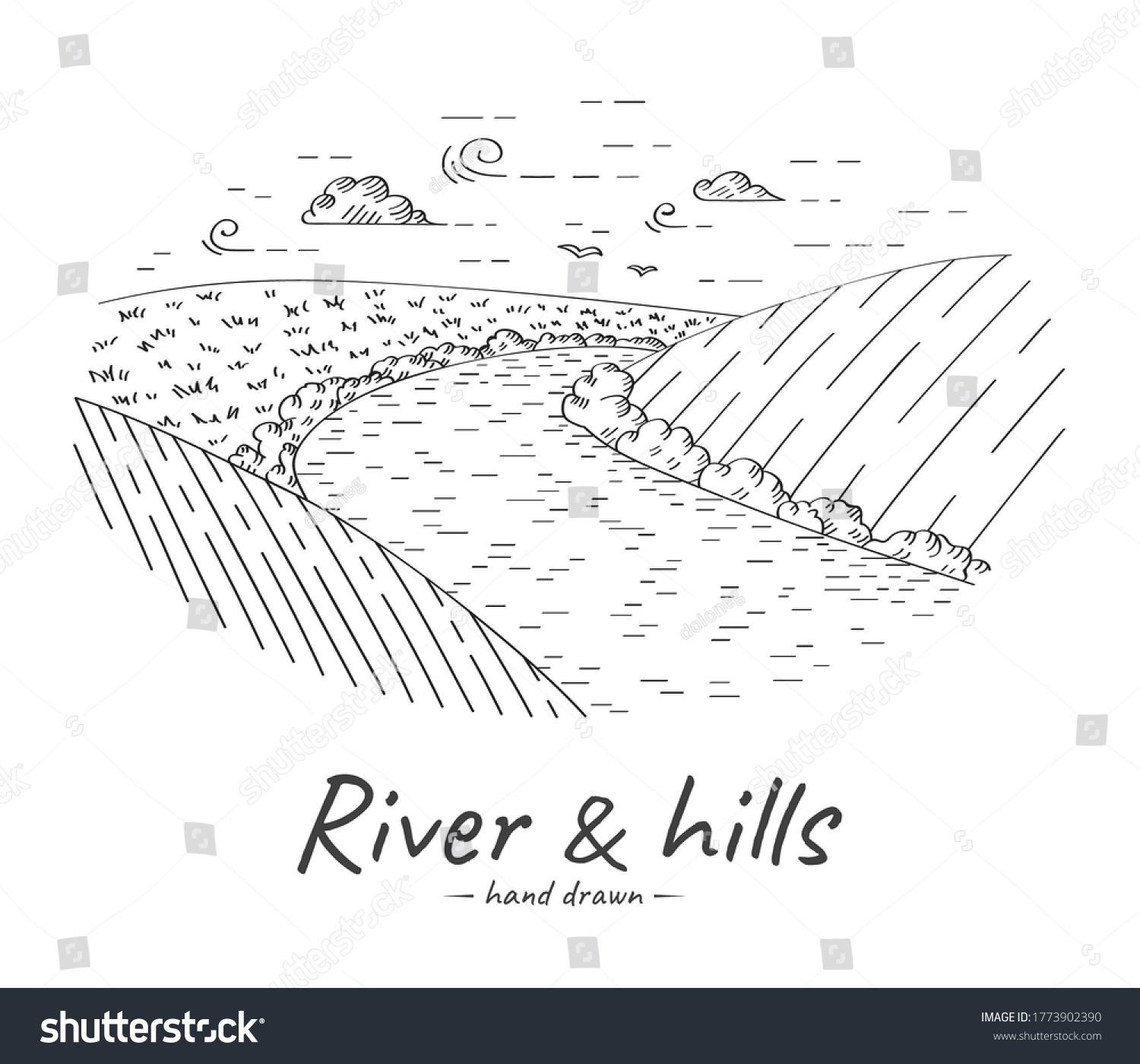 Vector hand drawn sketch illustration of river - Royalty Free Stock ...