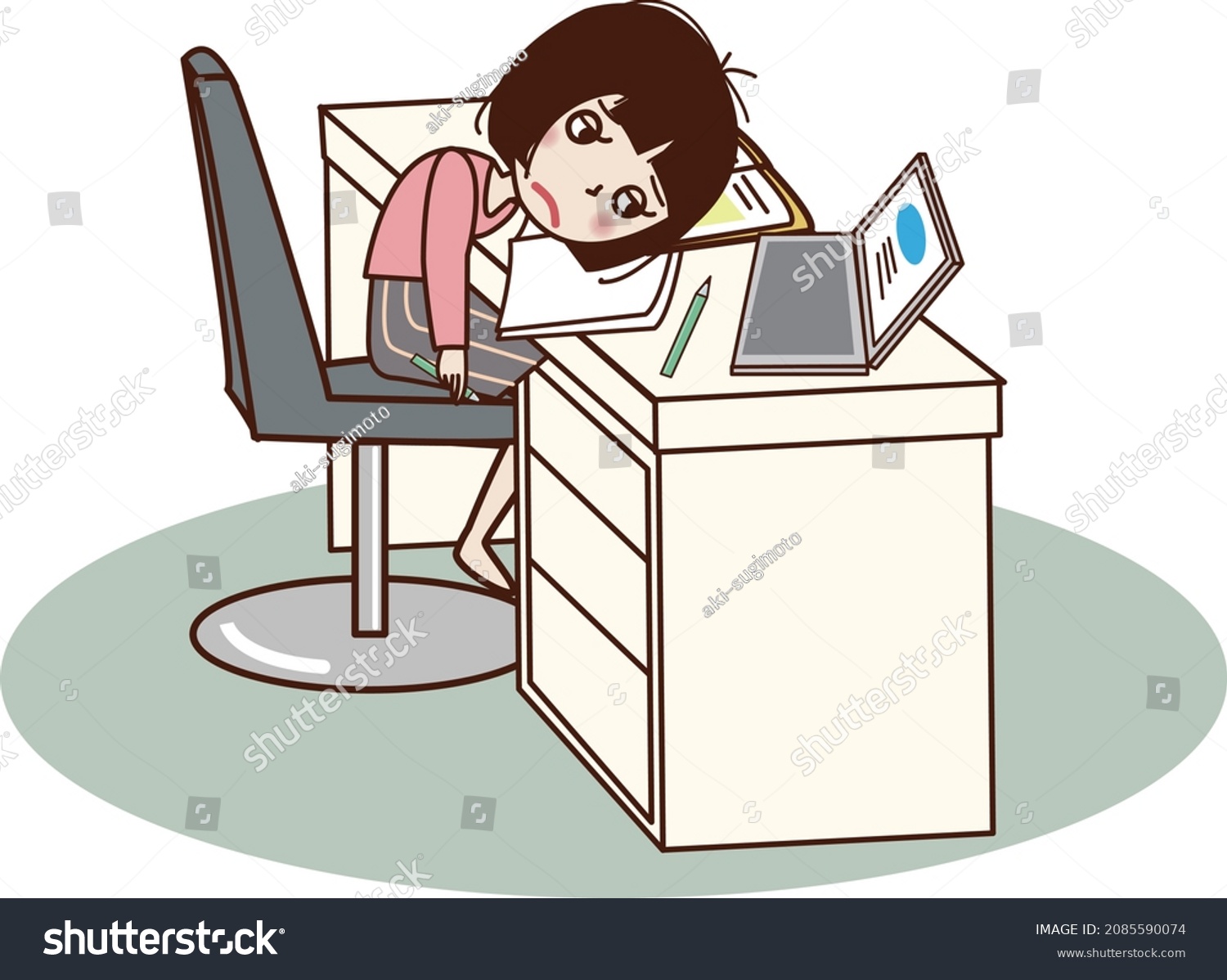 A Young Woman Lying On Her Desk And Sighing Royalty Free Stock Vector 2085590074