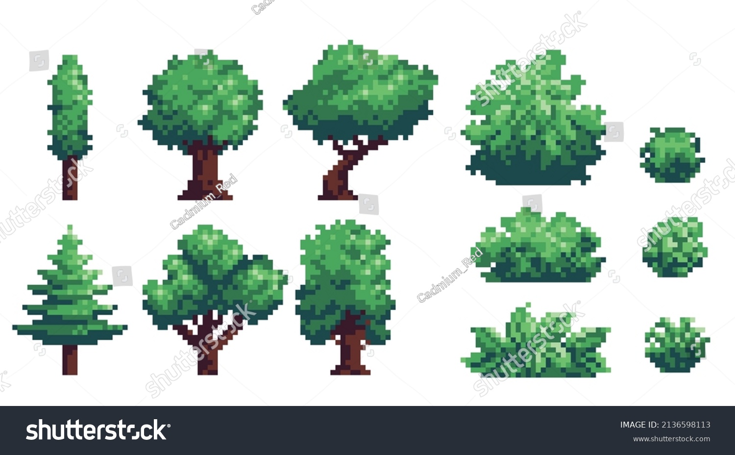 Trees And Backyard Bushes Pixel Art Icon Set Royalty Free Stock Vector 2136598113