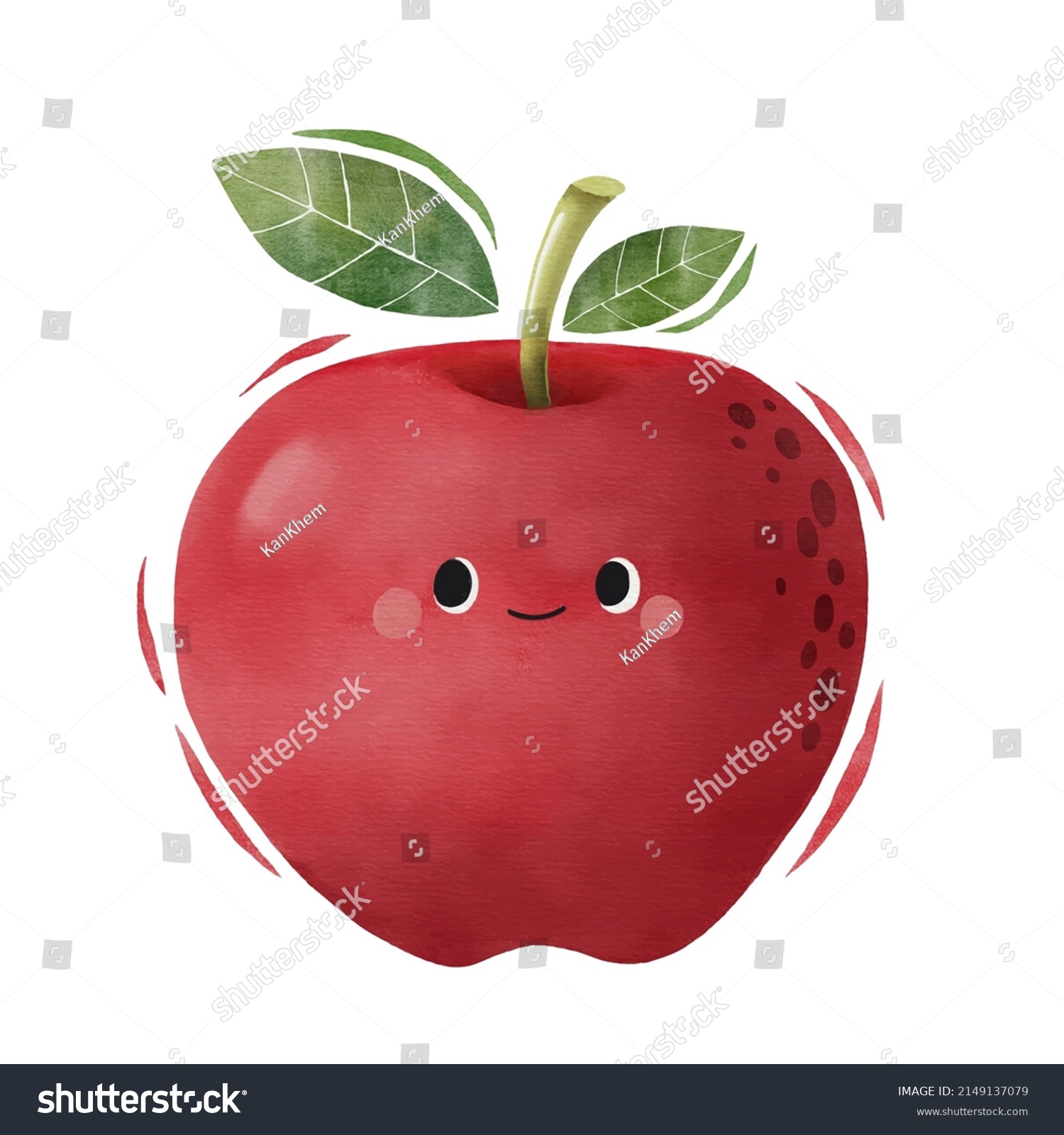 Watercolor Cute Apple Cartoon Character Royalty Free Stock Vector 2149137079
