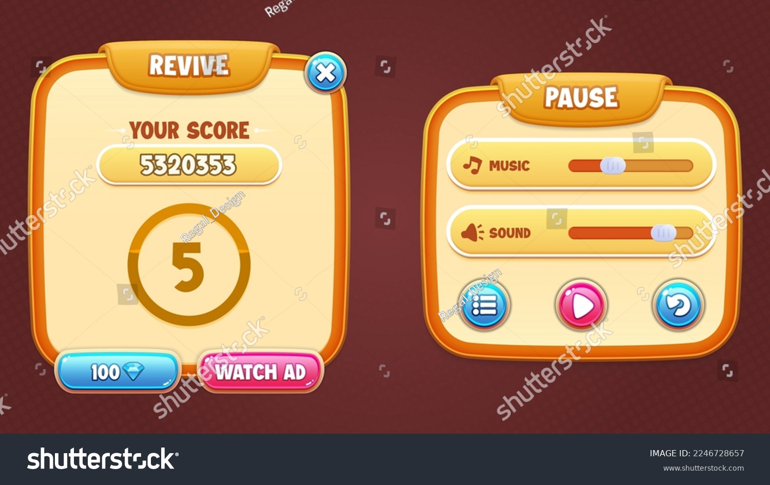 Game Ui Vector Set Revive And Pause Popups Royalty Free Stock Vector 2246728657