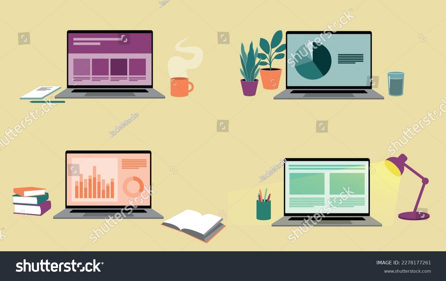 Cute desktop scenes with laptops. Study and work - Royalty Free Stock ...