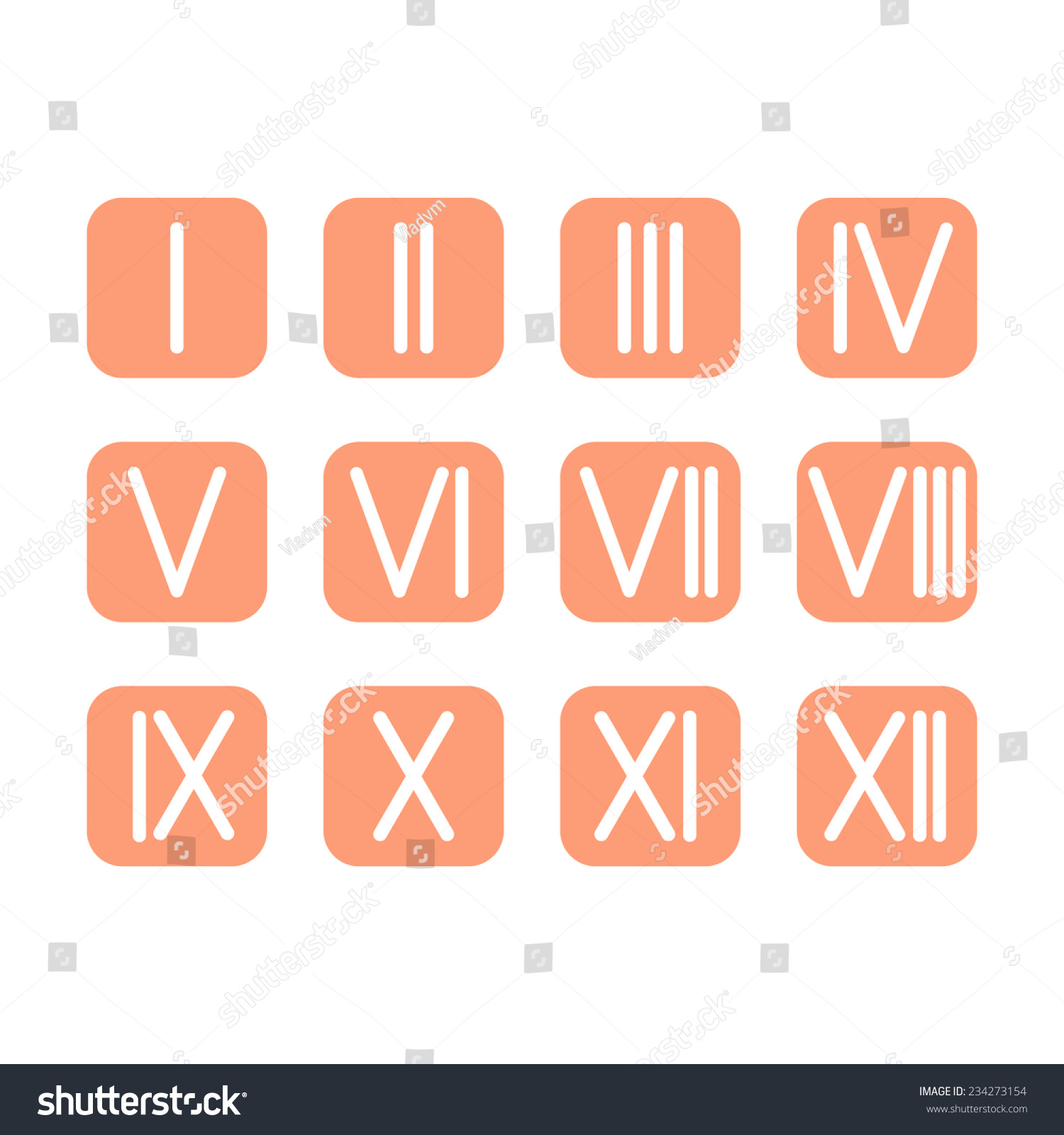 Set Roman numerals 1-12 icon. 12 square colored - Royalty Free Stock ... Set Roman numerals 1-12 icon. 12 square colored - Royalty Free Stock ...