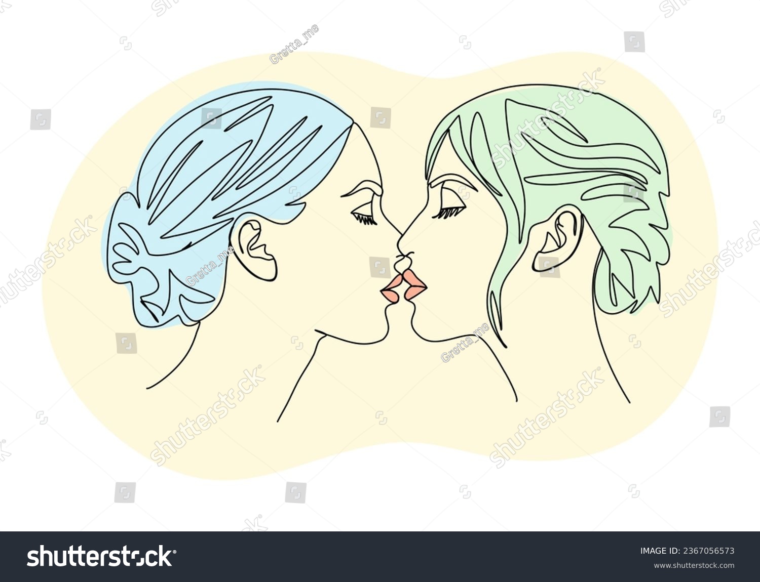 Two Girls Kiss One Line Drawing Colored With Royalty Free Stock