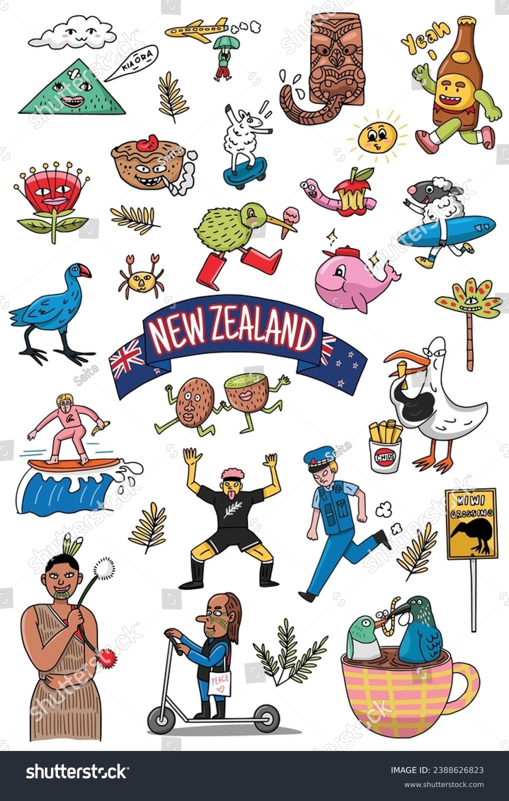 Hand-drawn Illustration of New Zealand icons and - Royalty Free Stock ...