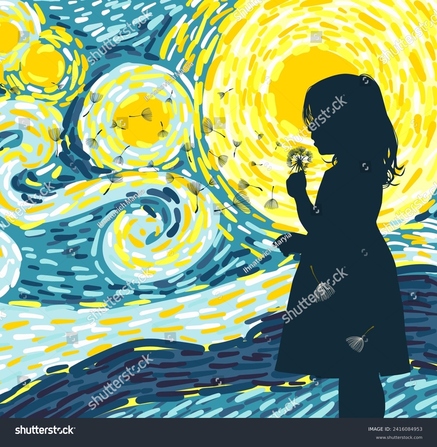 A Girl Blows A Dandelion Hand Drawing Not Ai Royalty Free Stock Vector 2416084953