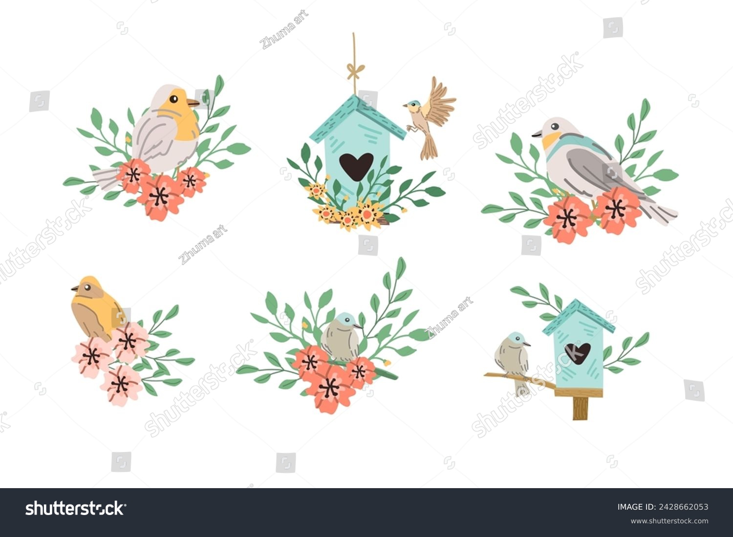 Spring birds and birdhouses design set with - Royalty Free Stock Vector ...