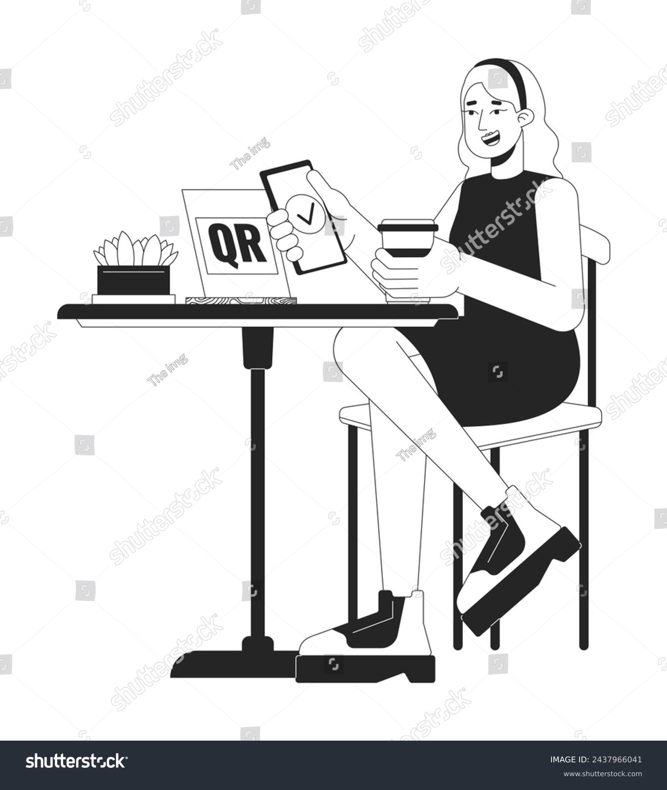 Female cafe customer scanning qr code black and - Royalty Free Stock ... Female cafe customer scanning qr code black and - Royalty Free Stock ...