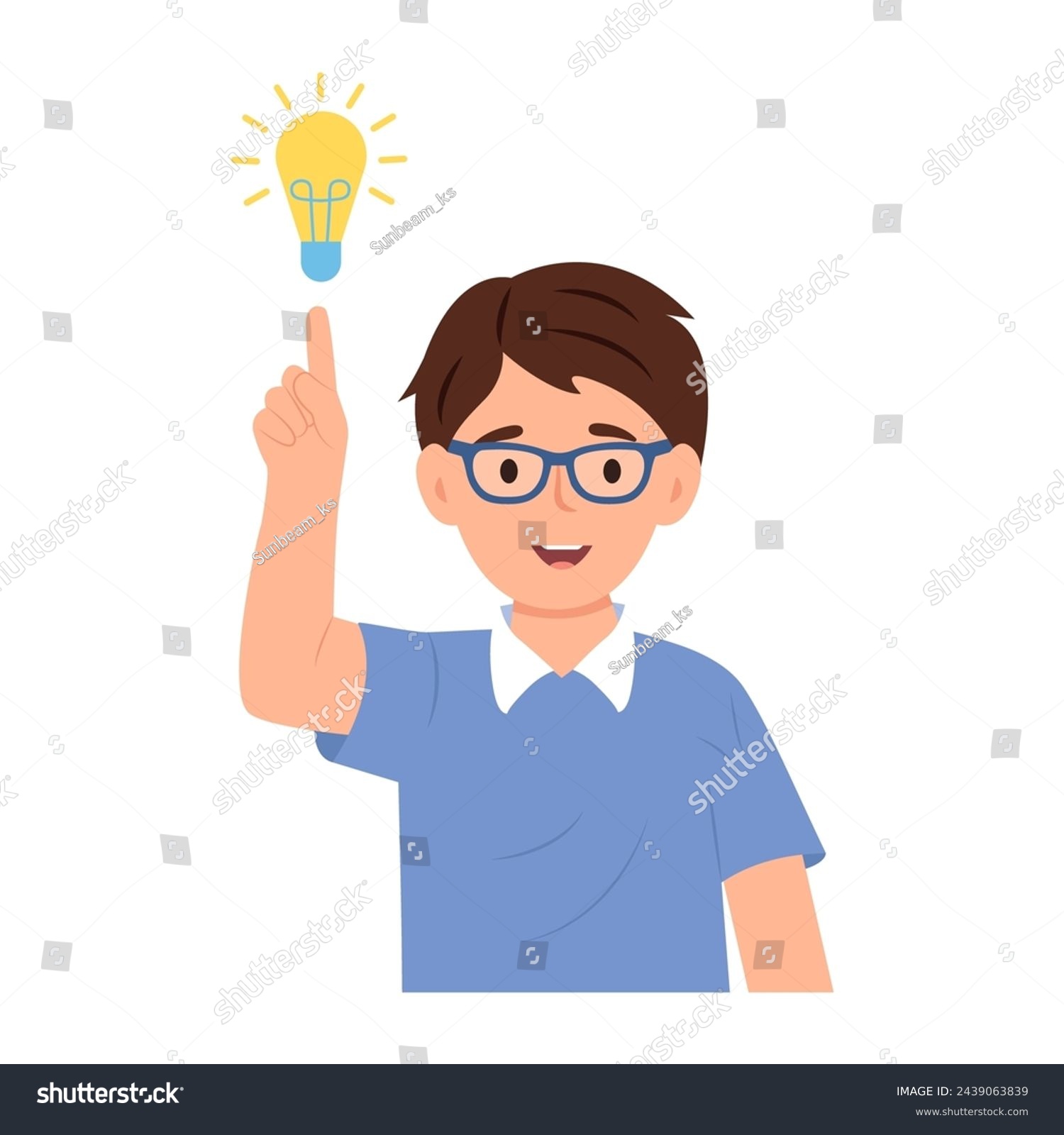 Happy cute boy with idea lamp sign. Child - Royalty Free Stock Vector ...