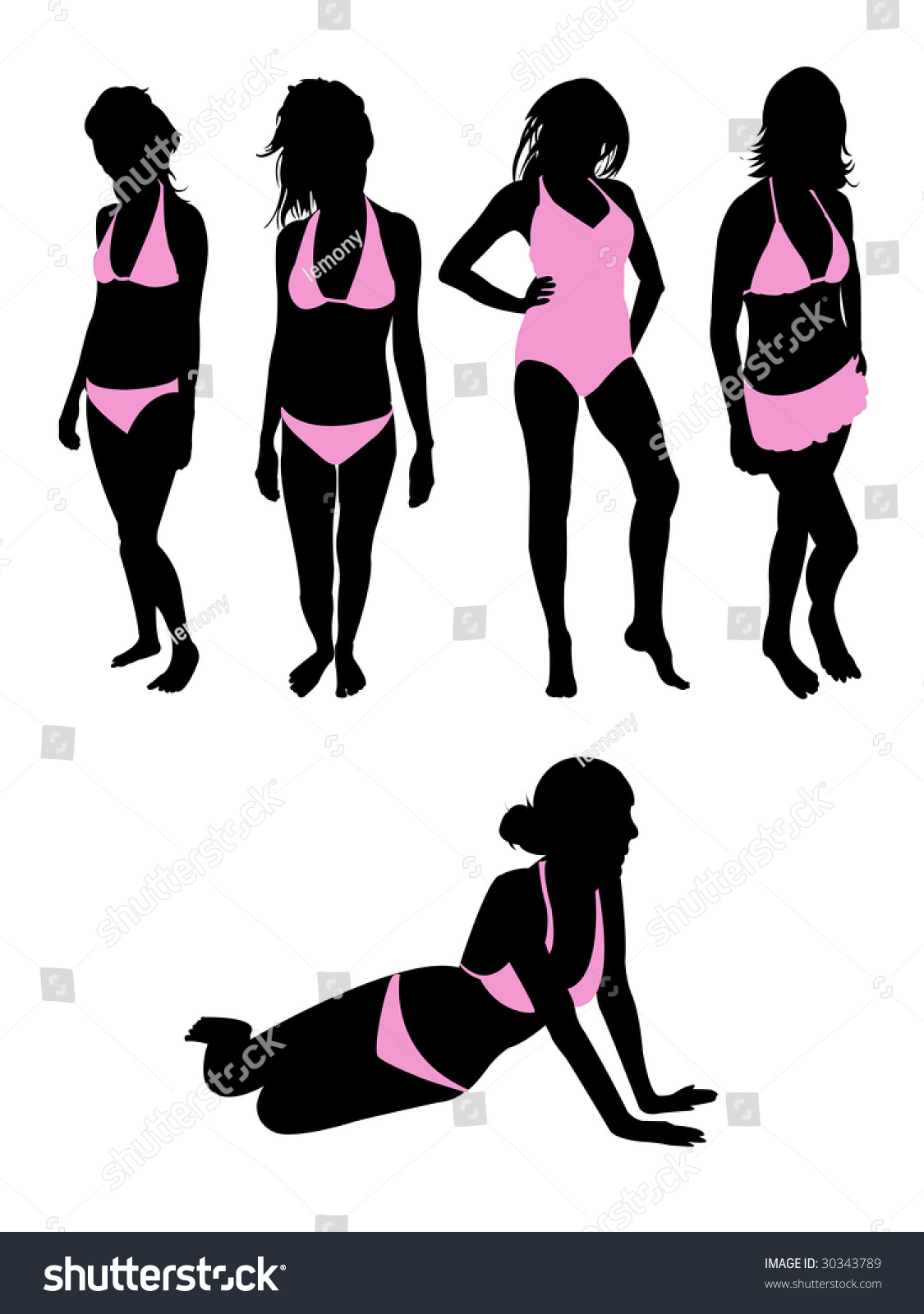 Silhouette Girls Pink Bikini Royalty Free Stock Vector 30343789