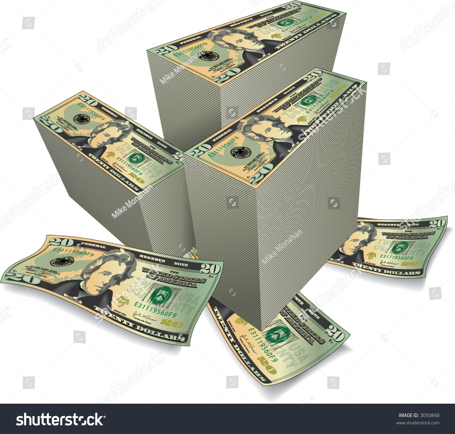 3 stacks of twenty dollar bliis with loose - Royalty Free Stock Vector ...