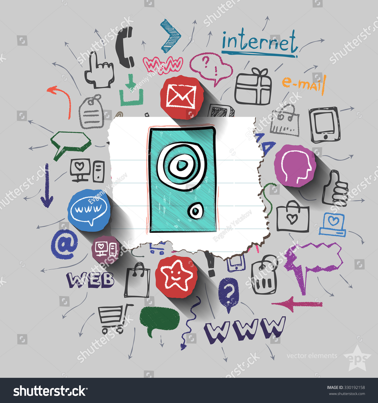 Speaker and collage with web icons background. - Royalty Free Stock ...
