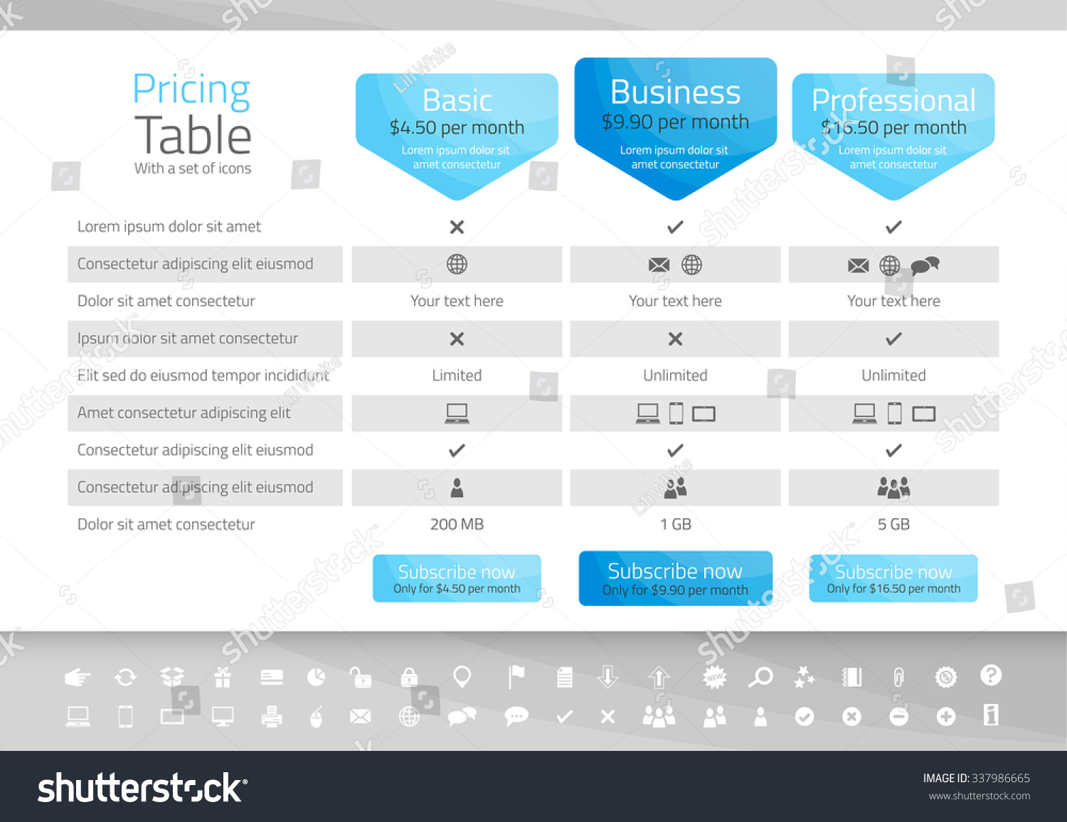 Light pricing table with 3 options. Icon set - Royalty Free Stock ...