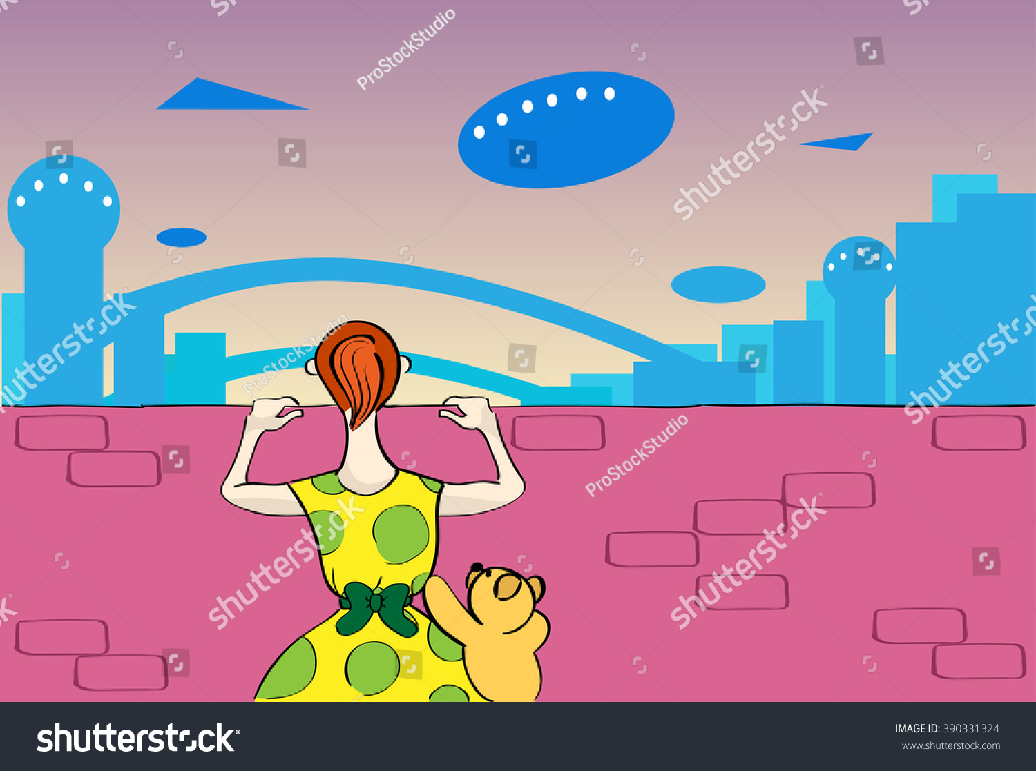 Girl Peeking Over Fence Big Brick Wall Look At Royalty Free Stock Vector 390331324
