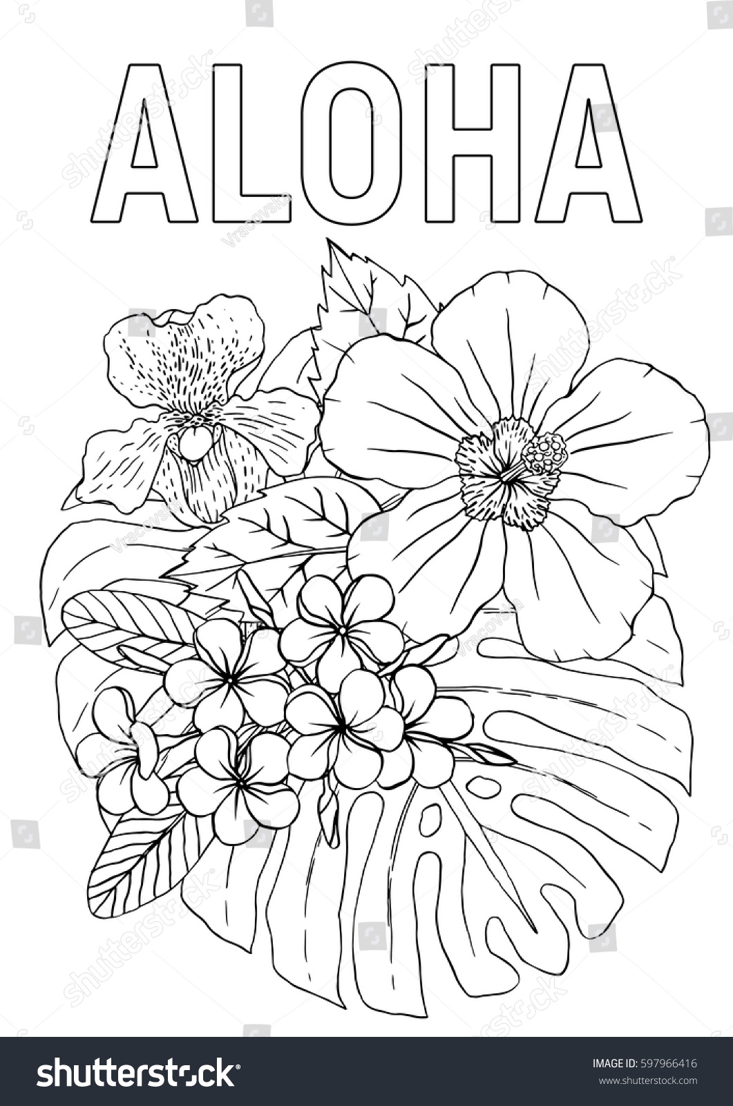 Aloha coloring book page with hibiscus, plumeria - Royalty Free Stock ...