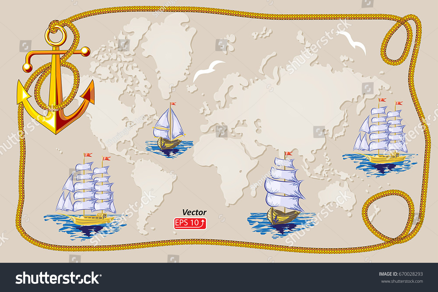 World map with rope, golden anchor and sailing - Royalty Free Stock ...
