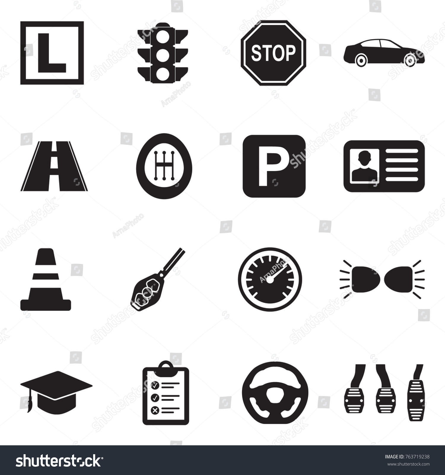 Driving School Icons. Black Flat Design. Vector - Royalty Free Stock ...