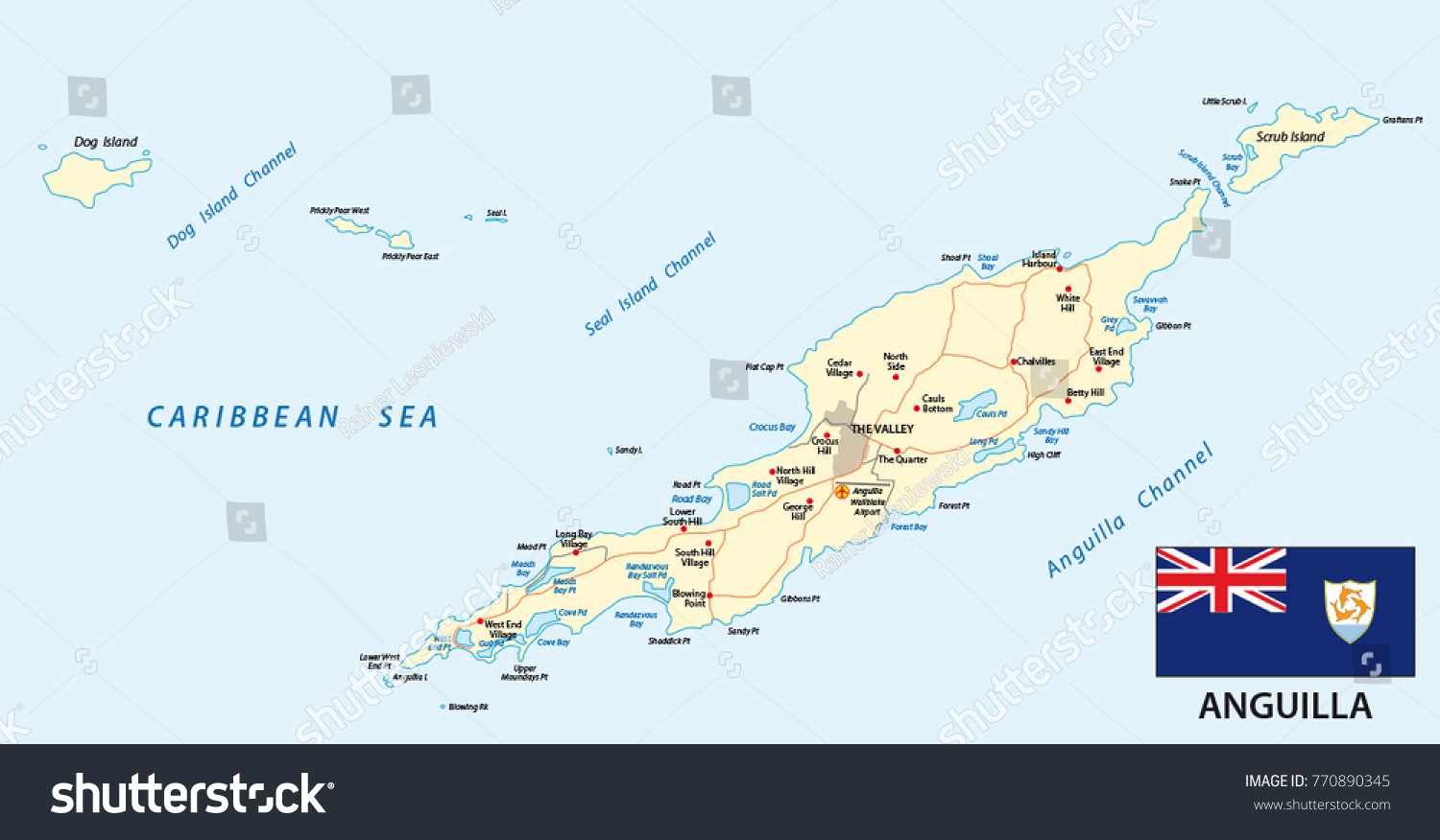 anguilla road vector map with flag - Royalty Free Stock Vector ...