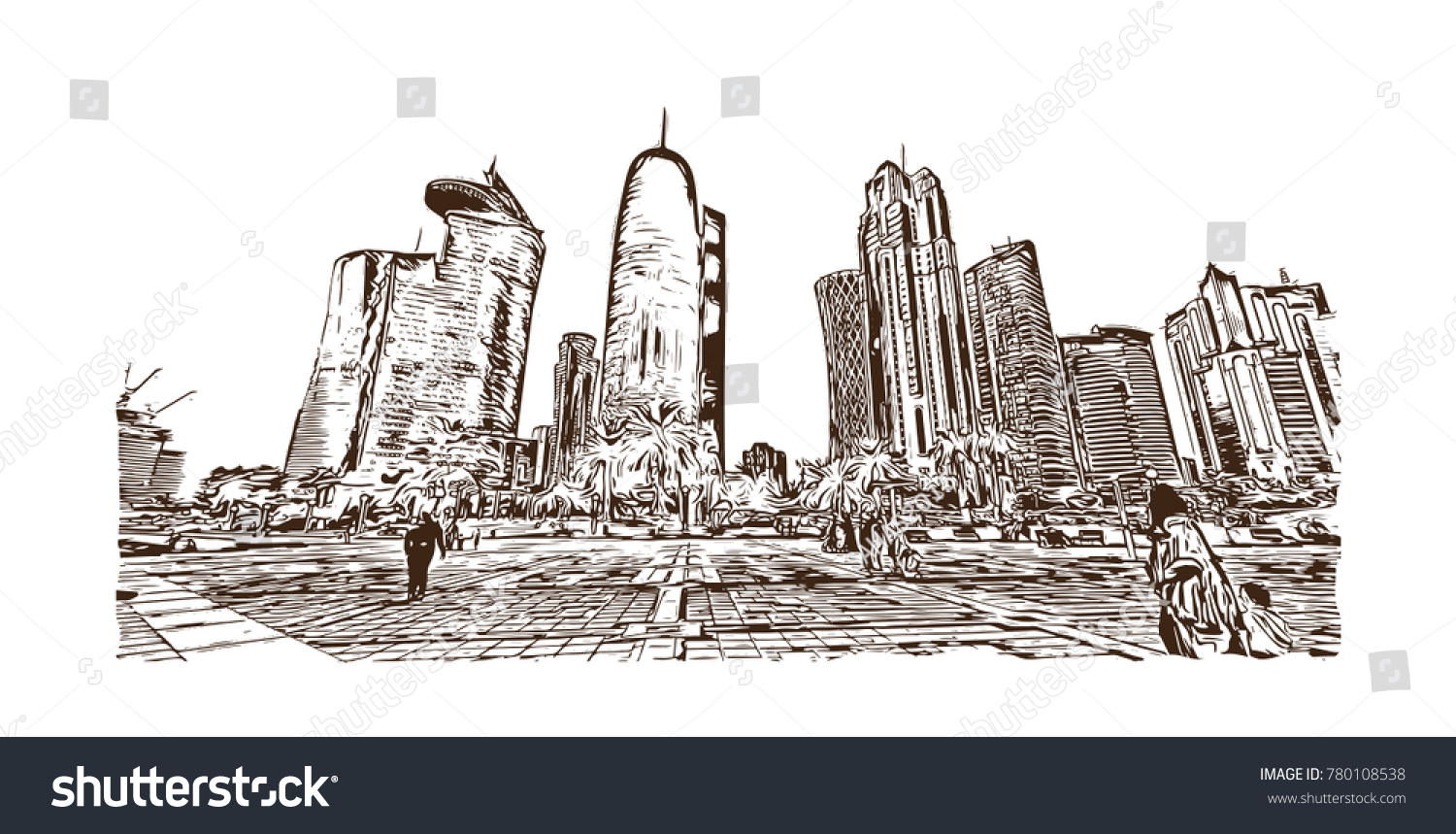 Skyline Doha City, Qatar. Hand drawn sketch in - Royalty Free Stock ...