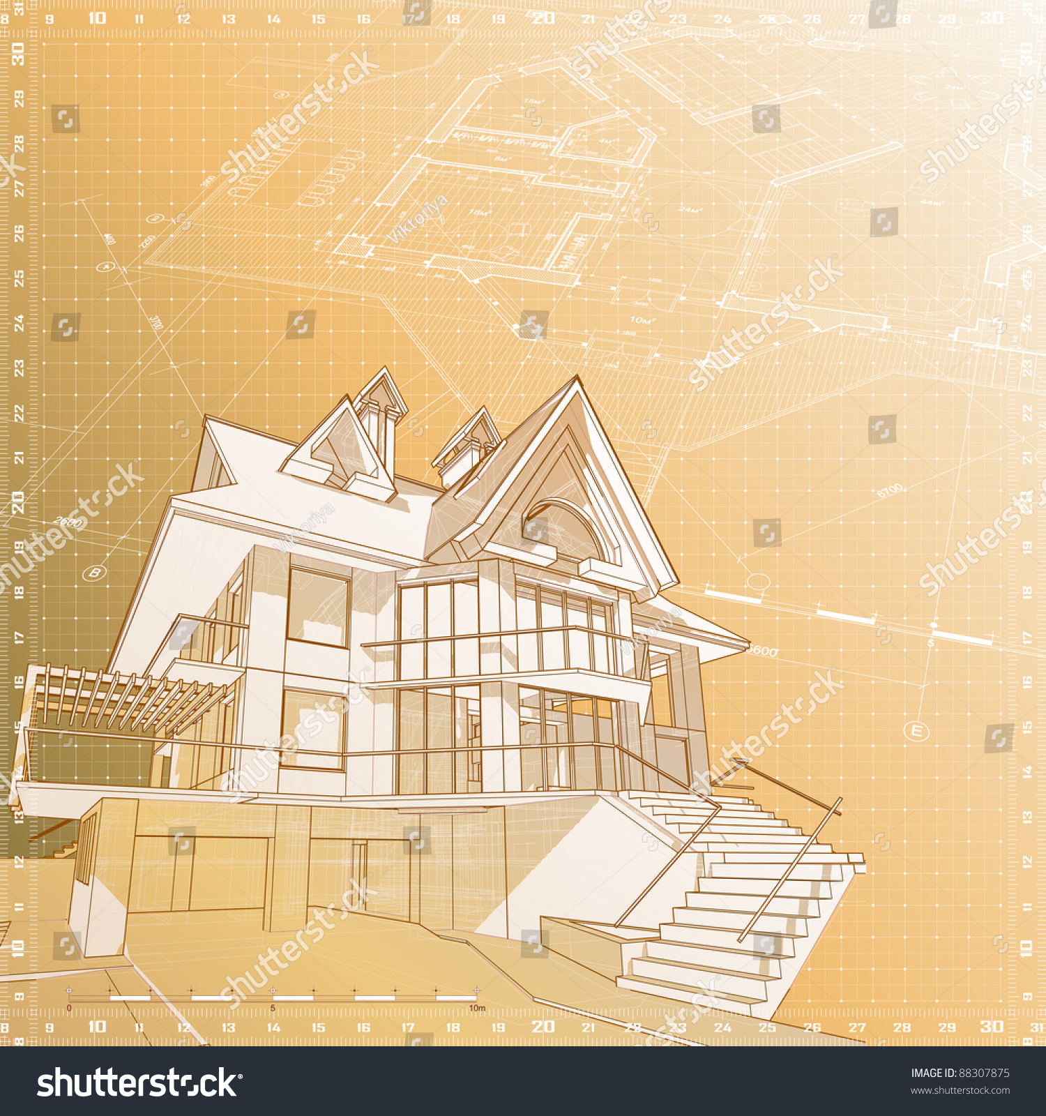 3d House Vector Technical Draw Bitmap Stock Illustration 88307875