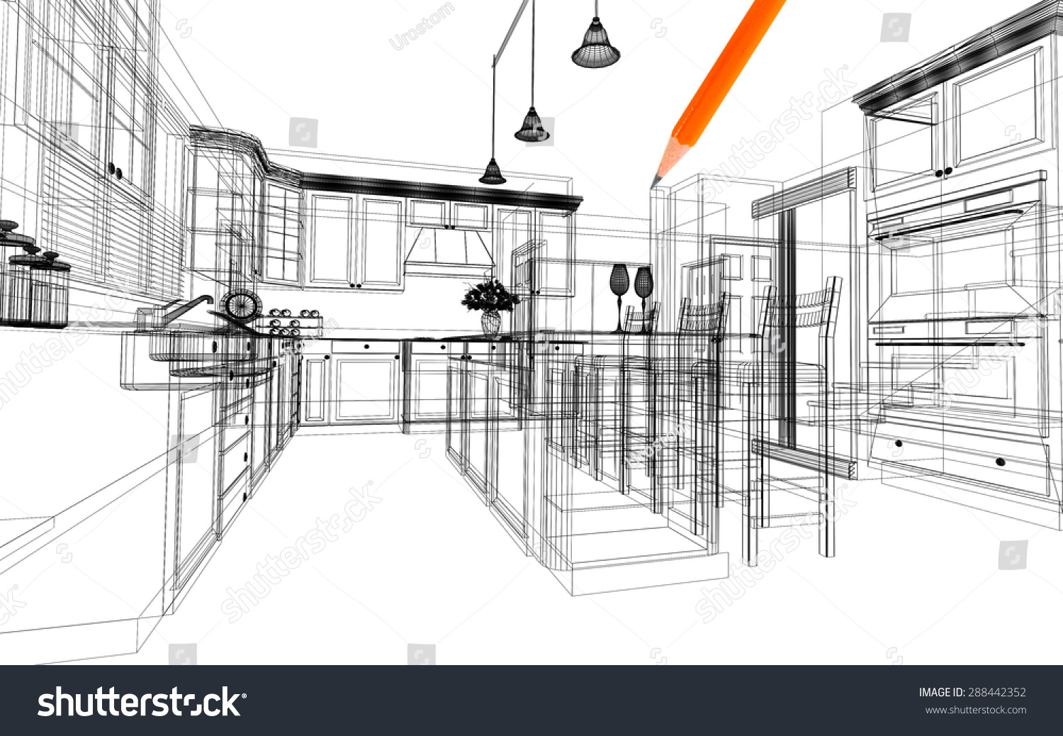 3d Linear Kitchen Interior Stock Illustration 288442352 | Shutterstock