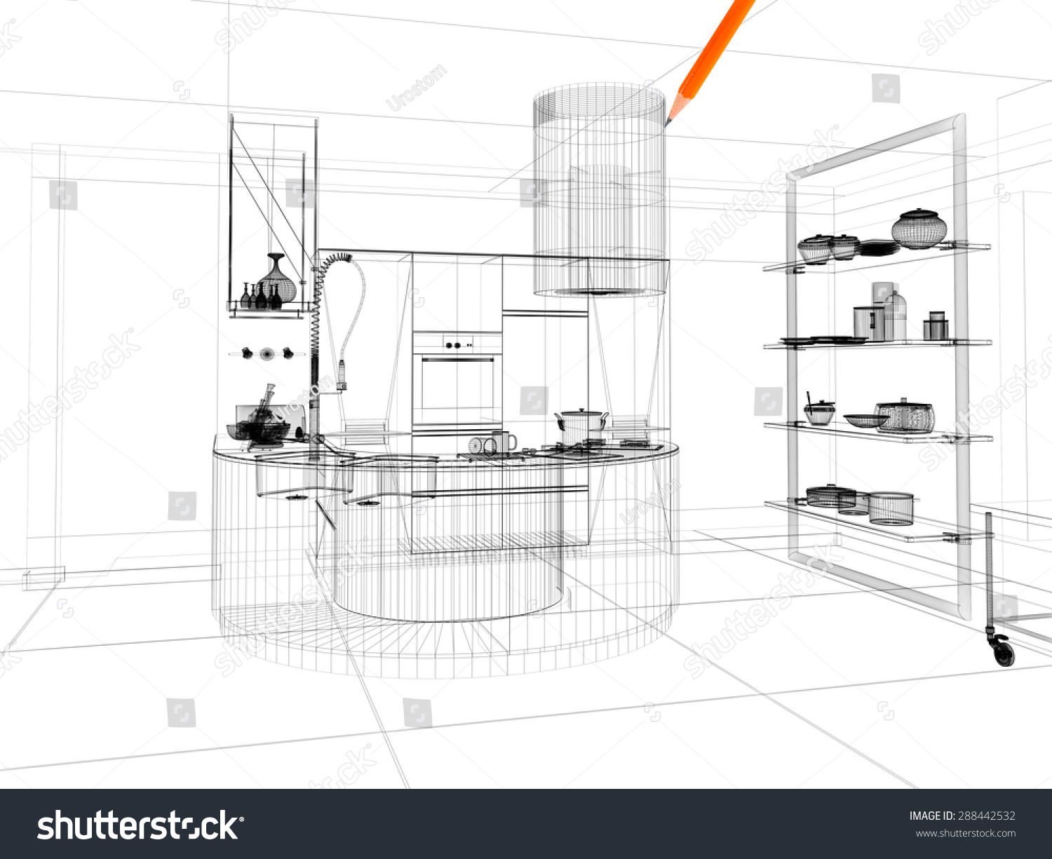 3d Linear Kitchen Interior Stock Illustration 288442532 | Shutterstock