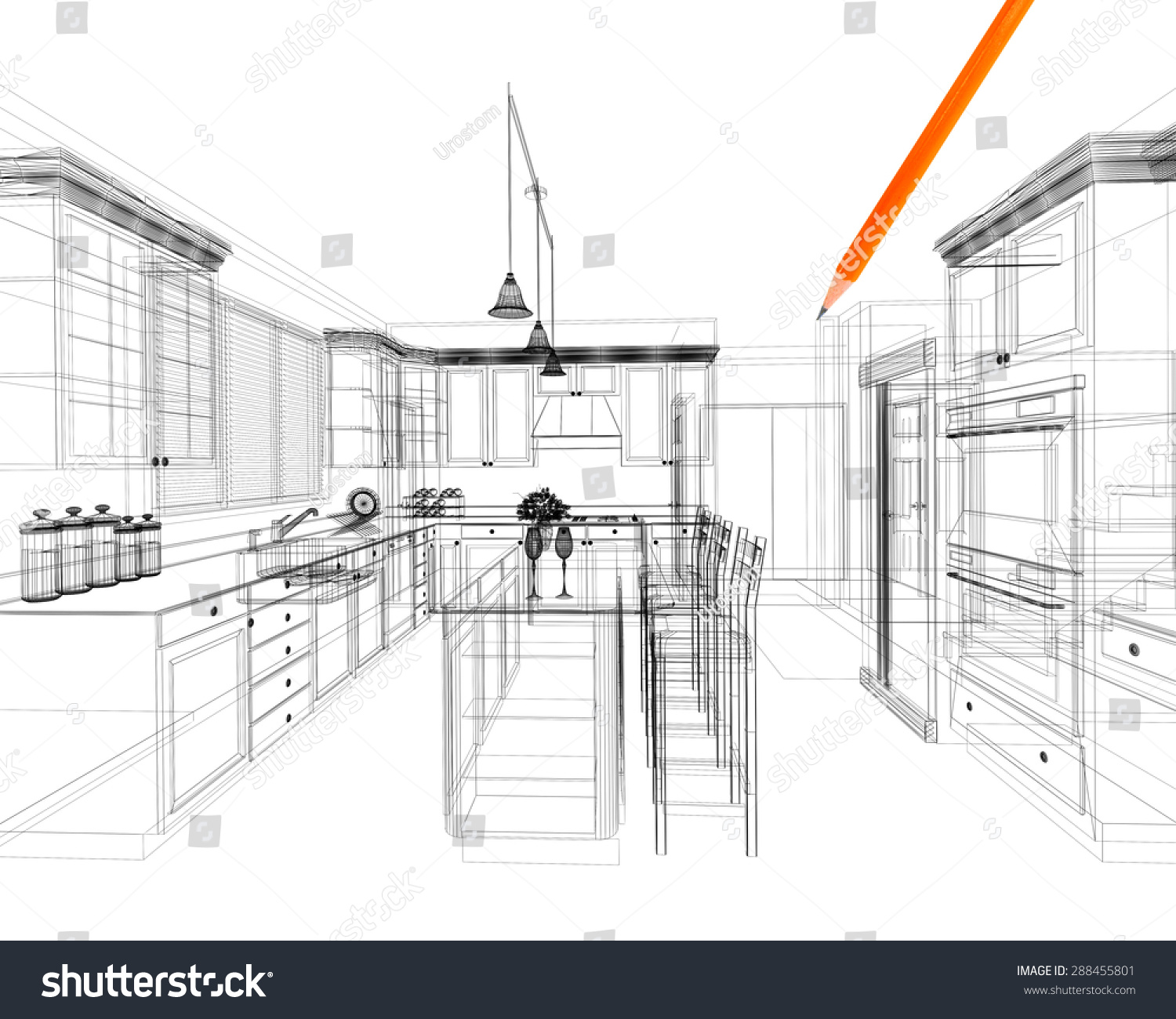 3d Linear Kitchen Interior Stock Illustration 288455801 | Shutterstock