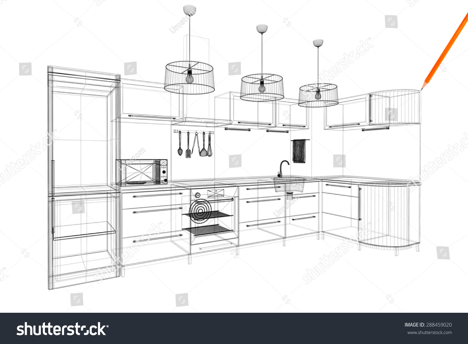 3d Linear Kitchen Interior Stock Illustration 288459020