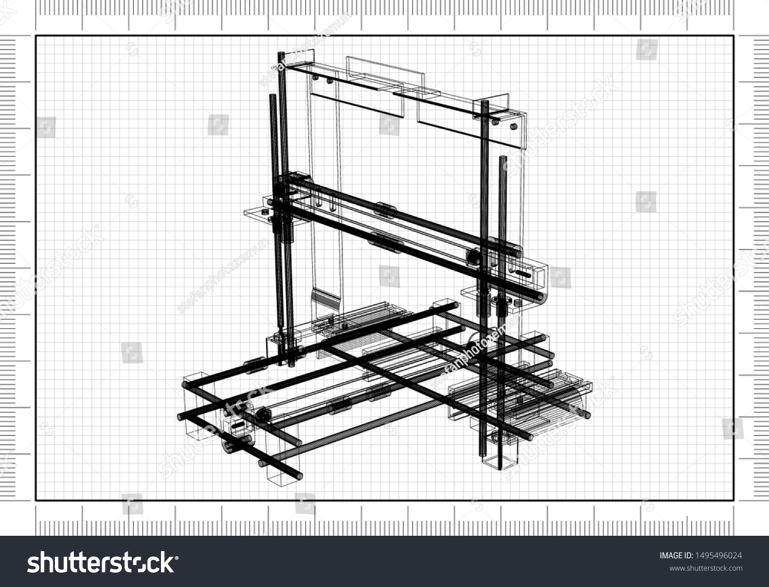 3d Printer Blueprint 3d Rendering Stock Illustration 1495496024