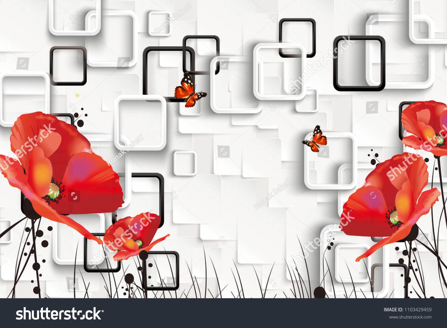3d Rectangular Background Red Flowers Stock Illustration 1103429459 ...