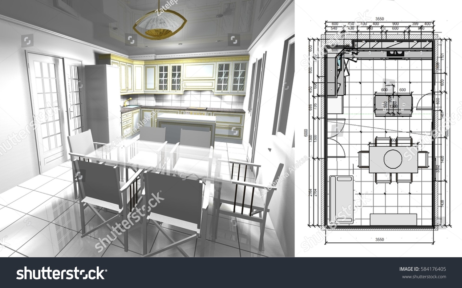 Design Kitchen Dimensions 3d Rendering Interior 스톡 일러스트 584176405 ...