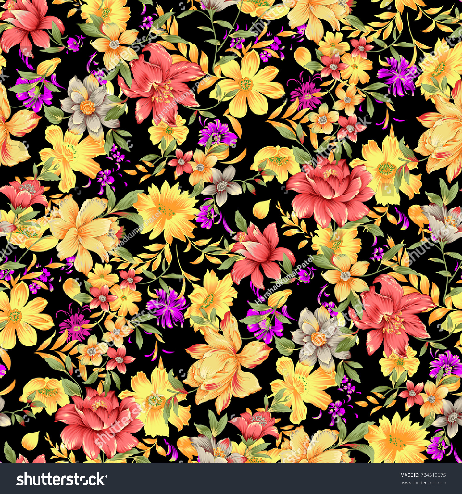 Flower Pattern Black Background Stock Illustration 784519675 | Shutterstock