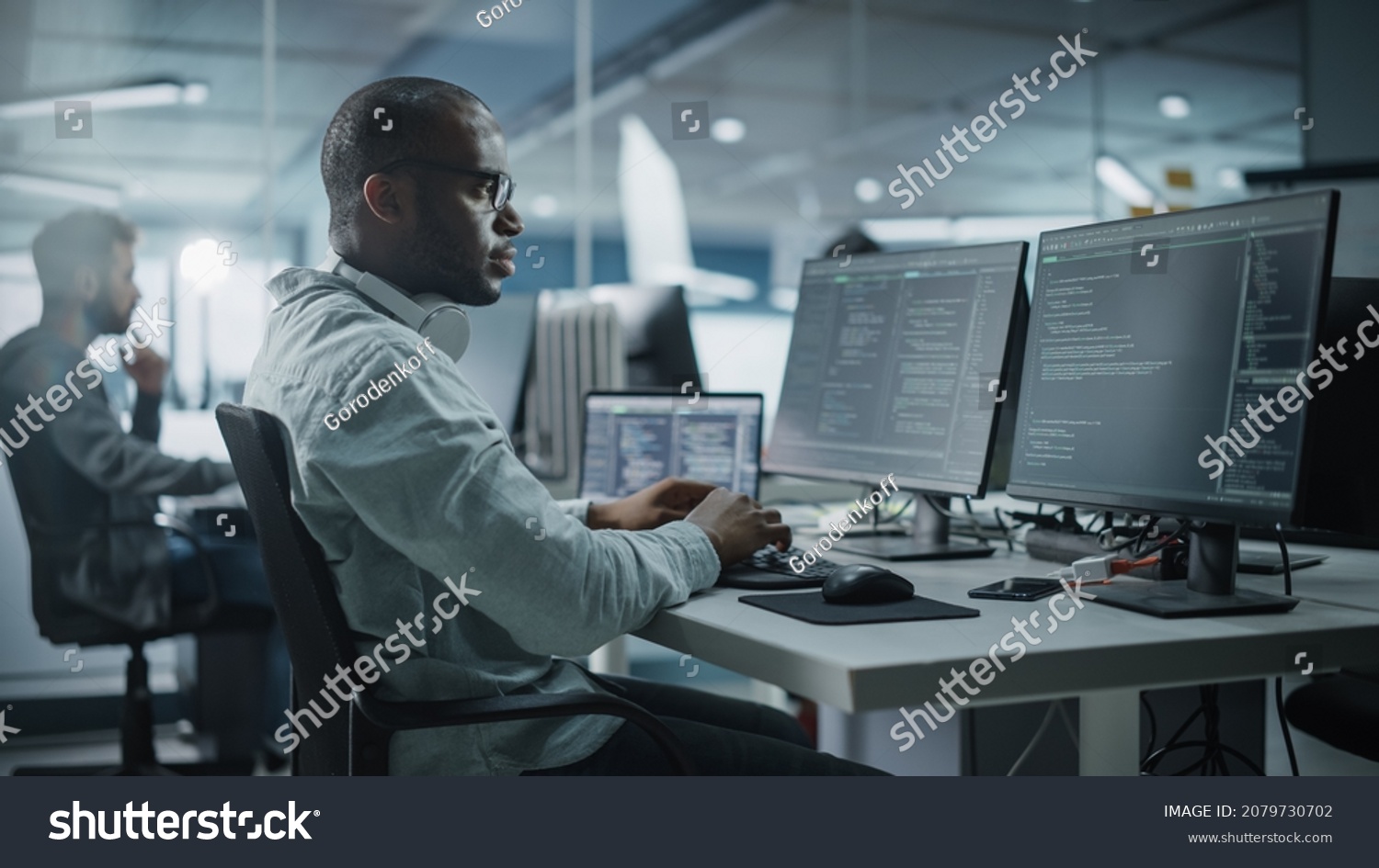 Authentic Office Enthusiastic Black Programmer Starts Stock Photo ...
