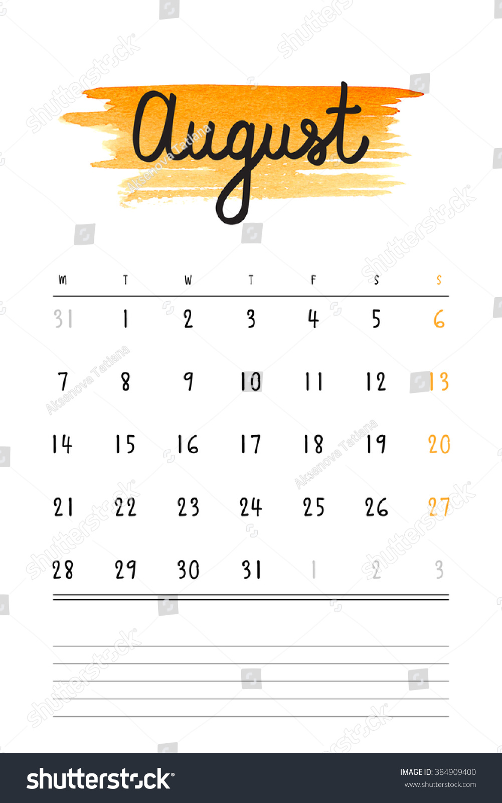 Calendar 2017 Template Orange Watercolor Stain Stock Illustration ...