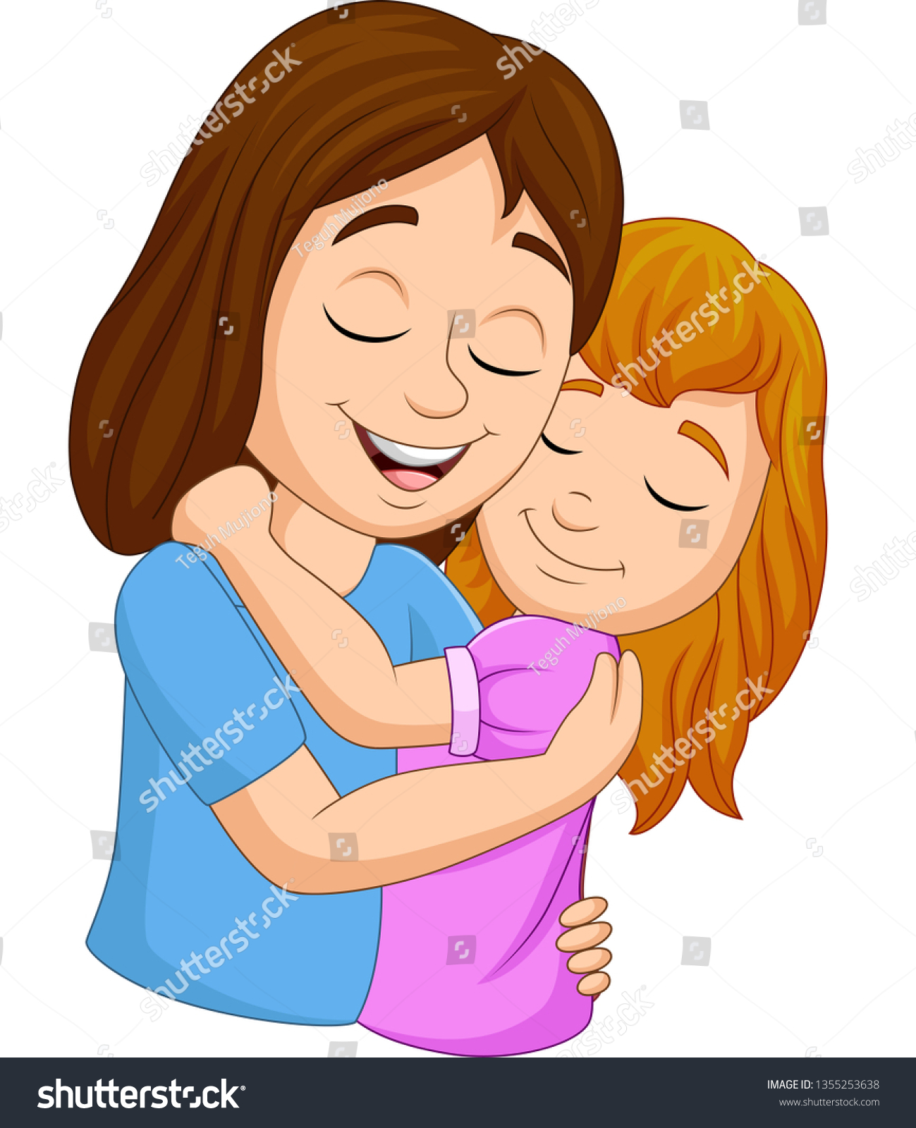 Cartoon Happy Mother Hugging Her Daughter 库存插图 1355253638 Shutterstock