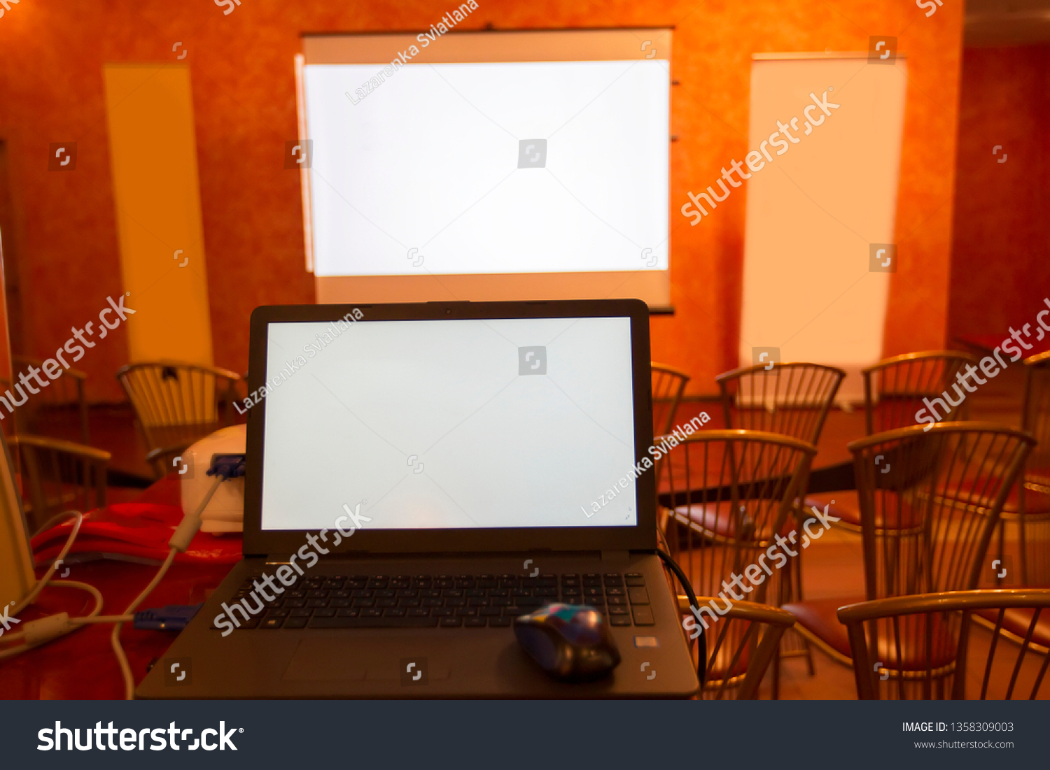 Computer Screen Presentations Empty Chairs Presentation Stock Photo ...