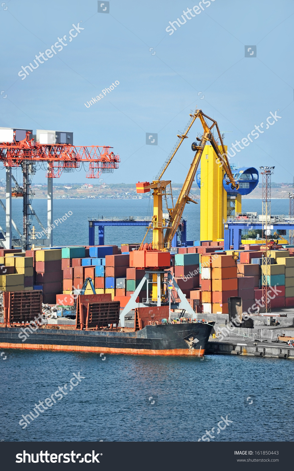 Container Stack Ship Under Crane Bridge Stock Photo 161850443 ...